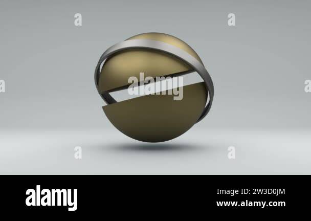 3D animation of a Golden, cut sphere and a silver ring in motion ...