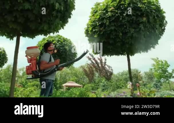 Spray ecological pesticide. Farmer fumigate in protective mask and ...