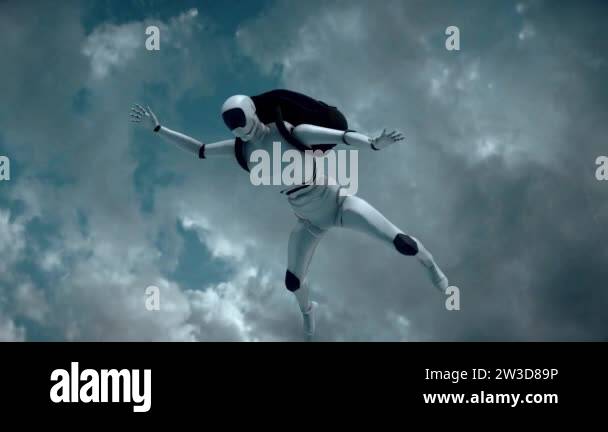 A autonomus cyborg robot skydiver is flying above white clouds 4k Stock ...