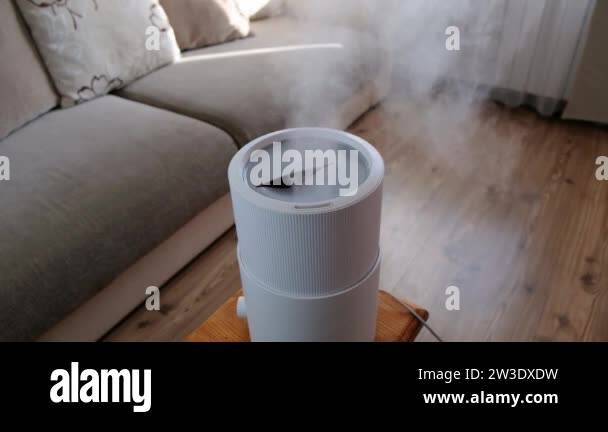 Steam from modern air humidifier, aroma oil diffuser at home. Improving ...