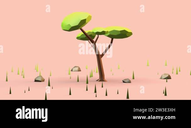 Low poly 3d animation of a tree in sunset or dawn light. 4k resolution ...