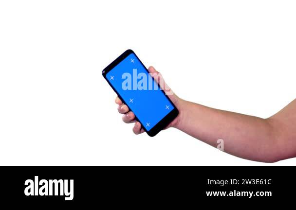 Cell phone with blue screen behind white screen with press on the ...