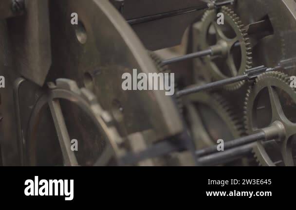 An inside view macro shot of an antique vintage clock with a detailed ...