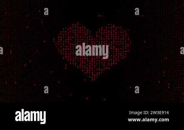 Glowing red heart shape symbol on black background forms by random ...