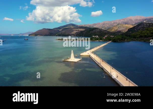 Aerial view of the De Bosset Bridge in Argostoli city on Kefalonia ...