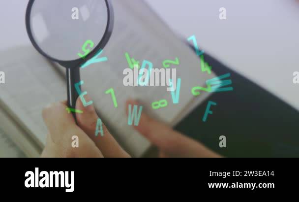 Digital composition of multiple changing numbers and alphabets against magnifying glass on open ...