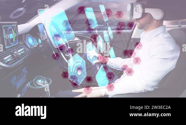 Animation of connected icons and information displays with man in vr ...