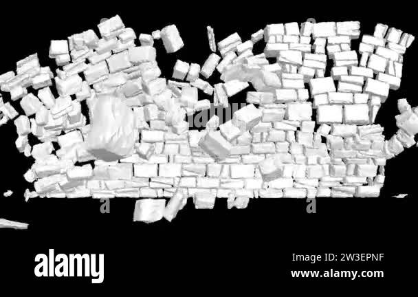 Wall explosion, destruction. 3D animation. Stonewall collapse, wall breaking exploding ...