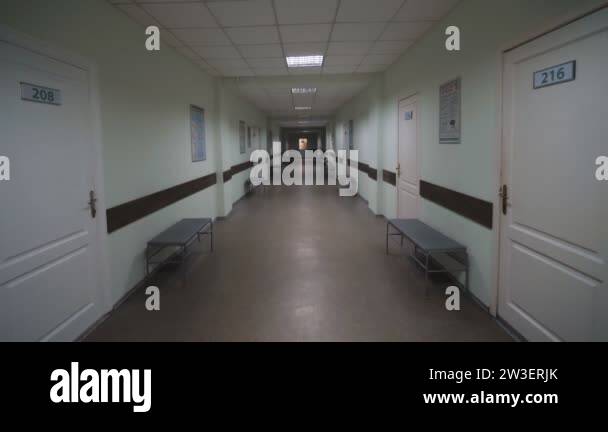 Hospital empty hall corridor with cabinets, clinic, of a large building ...