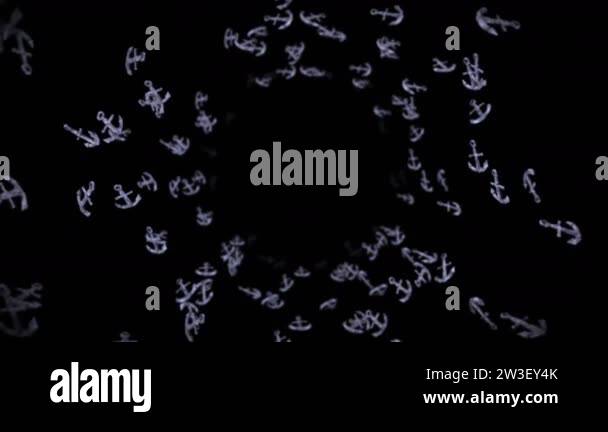 Flying many anchors on black background. Ship and boat anchor. Marine icon. 3D loop animation of ...