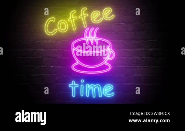 Neon coffee time sign animation on brick wall background. Cup coffee ...