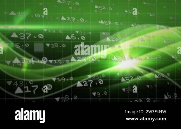 Animation of floating numbers with arrows by them over a grid. digital interface global ...