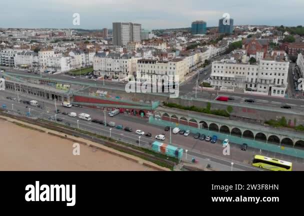Aerial footage of the Brighton and Hove town centre showing hotels ...