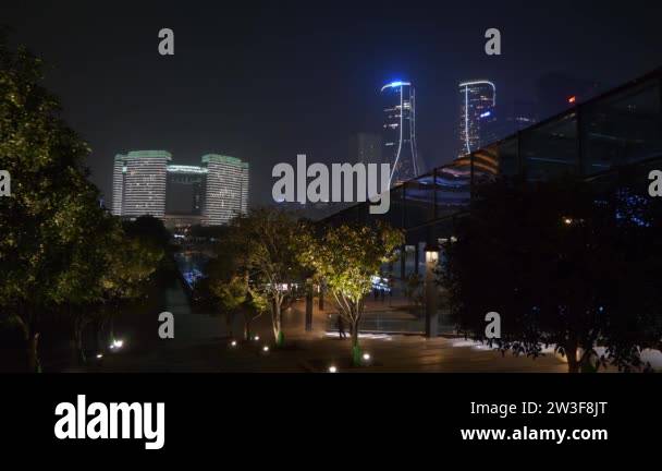hangzhou city downtown night time illuminated famous modern buildings ...