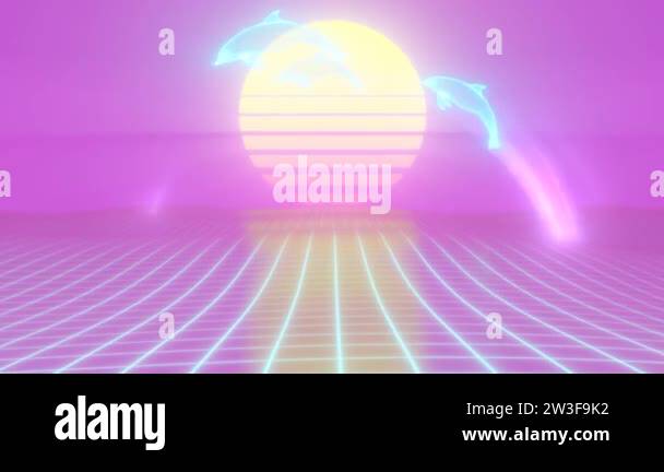 Aesthetic Vaporwave Dolphins Jump Over CGI Retro 90s Sun Grid Ocean - 4K Seamless VJ Loop Motion ...