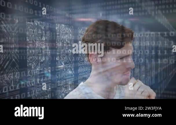 Animation of an anxious Caucasian man, looking at floating data with processing servers in the ...