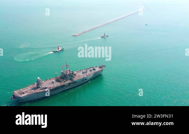 Navy aircraft carrier on the open sea Aerial view of battleship ...