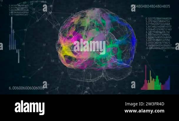 Rotating 360 low polygonal brain 3D model on black background with animated numbers and diagrams ...