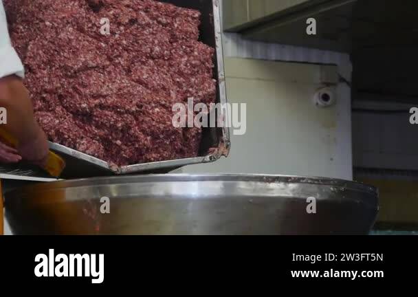 Meat Chopper Machine, Mixing Meat And Spices For Making Hot Dogs And ...