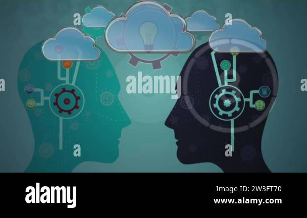 Animation of two people heads silhouettes facing each other with ...