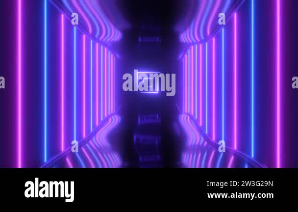 Ultraviolet Neon Laser Beams Glowing Reflection Sci-Fi Retro Tunnel ...