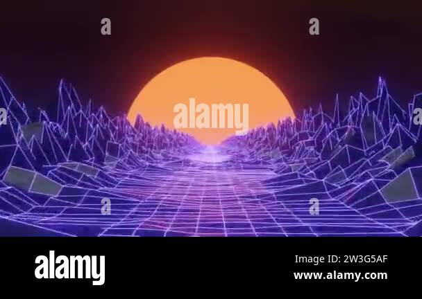 80s retro futuristic sci-fi seamless loop. Retrowave landscape, neon ...