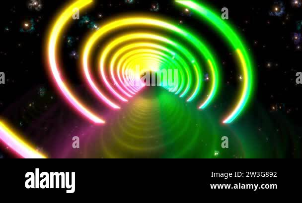 Abstract flying in futuristic disco star corridor. Seamless loop 4k background, fluorescent ...