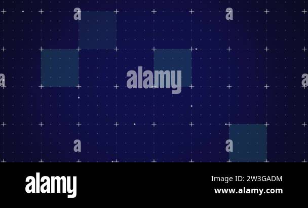 Animation of white markers and blue flickering squares on grid background. Digital interface ...