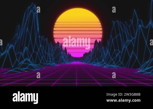 Stylized vintage 3D animation background with mountains and sun. 80s ...