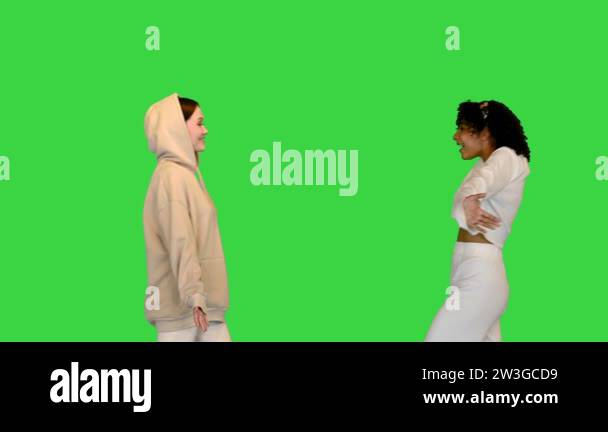 African American and a Caucasian girl greeting and hugging on a Green ...