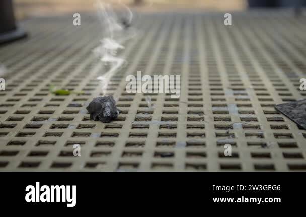 Cinemagraph of smoke emitted from a piece of burnt wood coal on a metal ...