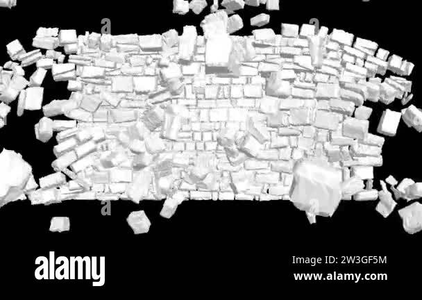 Wall explosion, destruction. 3D animation. Stonewall collapse, wall breaking exploding ...