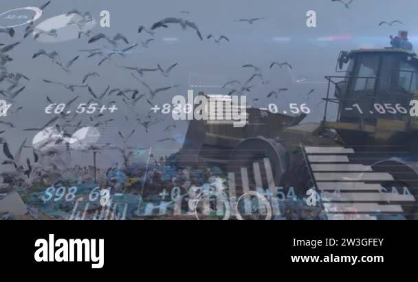 Animation of statistics recording over bulldozer in rubbish disposal ...