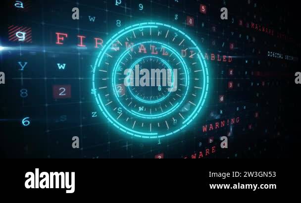 Animation of scope scanning over cyber attack warning text on black background. digital ...