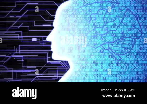 Futuristic AI/Human Head Silhouette with Digital Brain Computing and Learning Circuit Board and ...