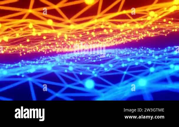 Abstract Flying Through Orange Blue Glowing Digital Data Tunnel, made of digital nodes and ...