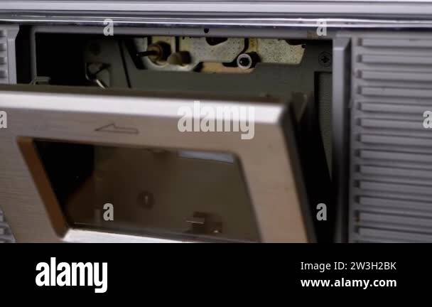 Open Cassette Deck of Old Tape Recorder, Insert 90s Cassette, Close ...