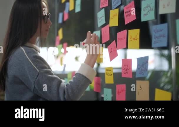 Young Business Woman Brainstorming. Asian Woman Writing Down Ideas On ...