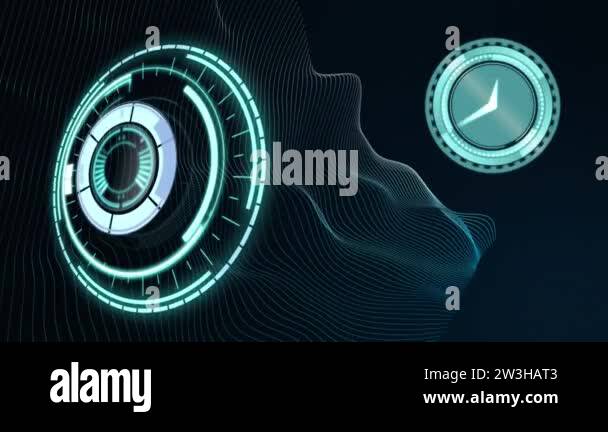 Animation of digital interface with circular scope and turning clock ...