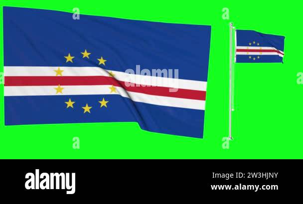 Green screen loop of Cape Verde two flags waving Cabo flagpole ...