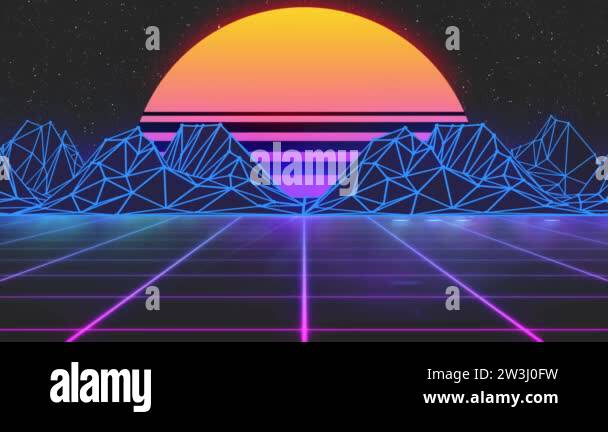 Stylized vintage 3D animation background with mountains, sun and ...