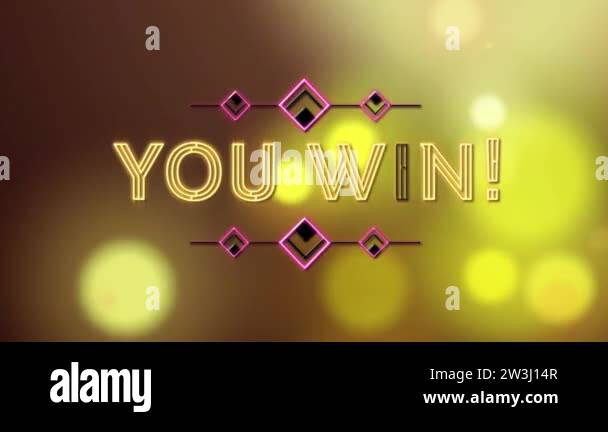 Digital animation of neon you win text against golden spots on light on ...