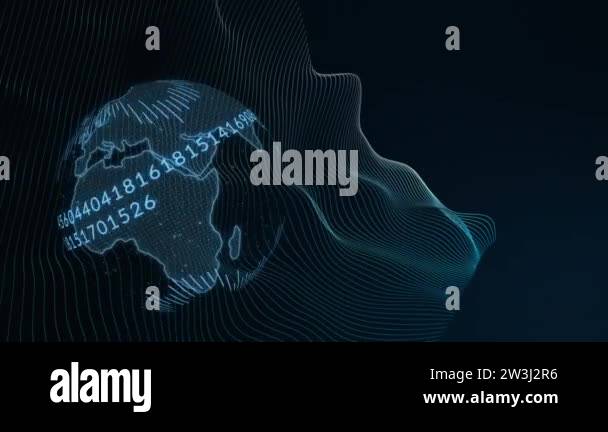 Animation of grey globe with radiating lines and rising numbers rotating on black background ...