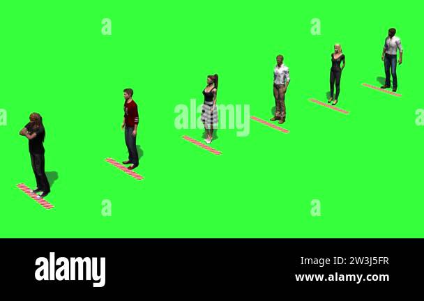 keep distance - people wait in a row with distance by a mark - green ...