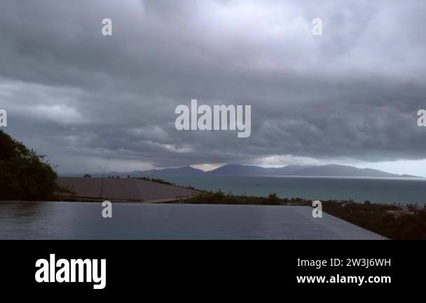 Timelaps cloudy sky, infinity swimming pool, rainy day in Thailand ...