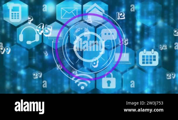 Animation of digital interface showing circular scope with floating numbers and media icons in ...
