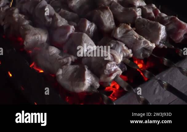 Preparing Shish Kebabs on Skewers over a Fire in Nature. Cooking shish ...