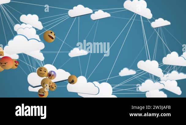 Multiple face emojis floating against network of cloud icons against ...