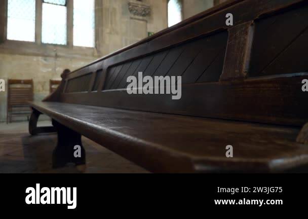 Empty Old Wooden Bench At Ancient Stone Cathedral. Medieval Gothic ...