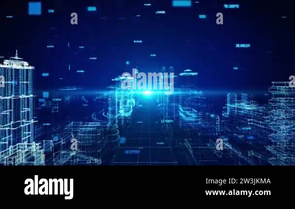 3D 4K High tech Digital smart city futuristic up aerial city flight ...